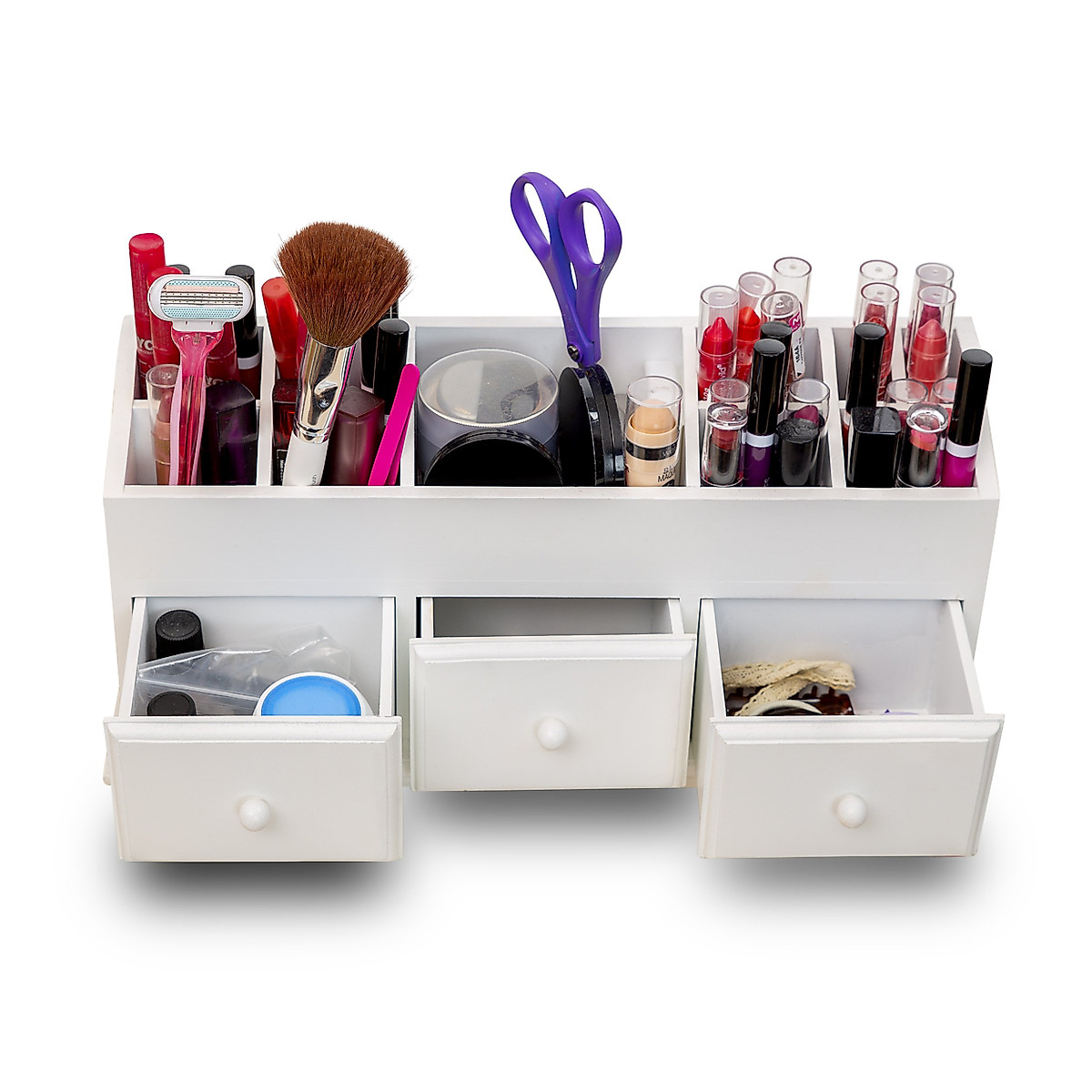 Makeup Organizer with Drawers, Wooden Cosmetic Beauty Storage Box for Home and Office Vanities, Countertop Organizer for Cosmetics and Makeup Tools, Vanity Holder for Lipstick Brushes Lotions, White