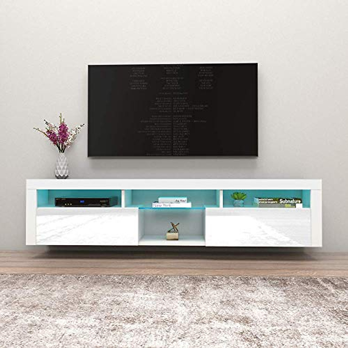 MEBLE FURNITURE & RUGS Bari 200 Wall Mounted Floating 79" TV Stand with 16 Color LEDs White