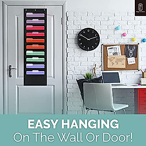 Heavy Duty Storage Pocket Chart for classroom and Office, 10 Pockets, 3 Over Door Hangers Included, Hanging Wall File Organizer for File Folders, School Mailbox, Home/Office Papers & More (Black)