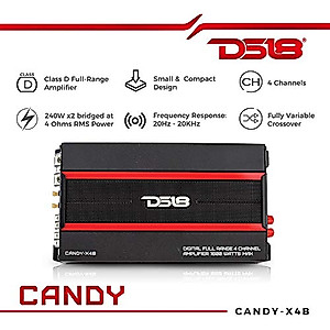 DS18 CANDY-X4B Amplifier in Black - Class D, 4 Channels, 1600 Watts Max, Digital, 2/4 Ohm - Don't Sacrifice Space for Power - Compact Mini Ampflier for Speakers in Car Audio System
