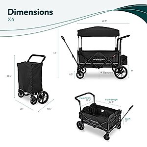 WONDERFOLD X4 Push & Pull Quad Stroller Wagon (4 Seater) Featuring Seats with 5-Point Harnesses, Adjustable Push Handle, and Adjustable/Removable UV-Protection Canopy, Stealth Black