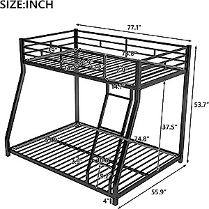 DNYN Twin Over Full Metal Bunk Bed with Safety Guardrail & Ladder for Kids/Adults,Floor Bunkbeds,Sturdy Steel Bedframe,No Box Spring Need,Perfect for Dorm,Bedroom,Guest Room,77.1"x55.9"x53.7", Black