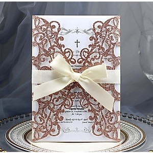 KALOPEZY 50PCS Wedding Invitation,Rose Gold invitations,Gold Powder Floral Laser Cut with Blank Inner Sheet, Envelopes and Ribbons for Party Wedding Engagement Bridal Bridal Shower Invite (Rose Gold)