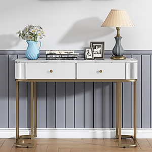 OIOG Console Tables for Entryway, Marble Grain Sofa Table with Stroage, Makeup Dressing Table, Modern Entryway Table with 2 Drawers for Living Room, Hallway, Foyer, Bedroom, White and Gold