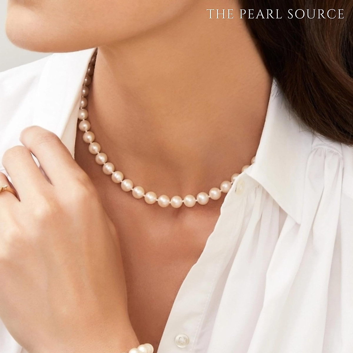 The Pearl Source 14K Gold 6.5-7.0mm Round Genuine White Japanese Akoya Saltwater Cultured Pearl Necklace in 17" Princess Length for Women