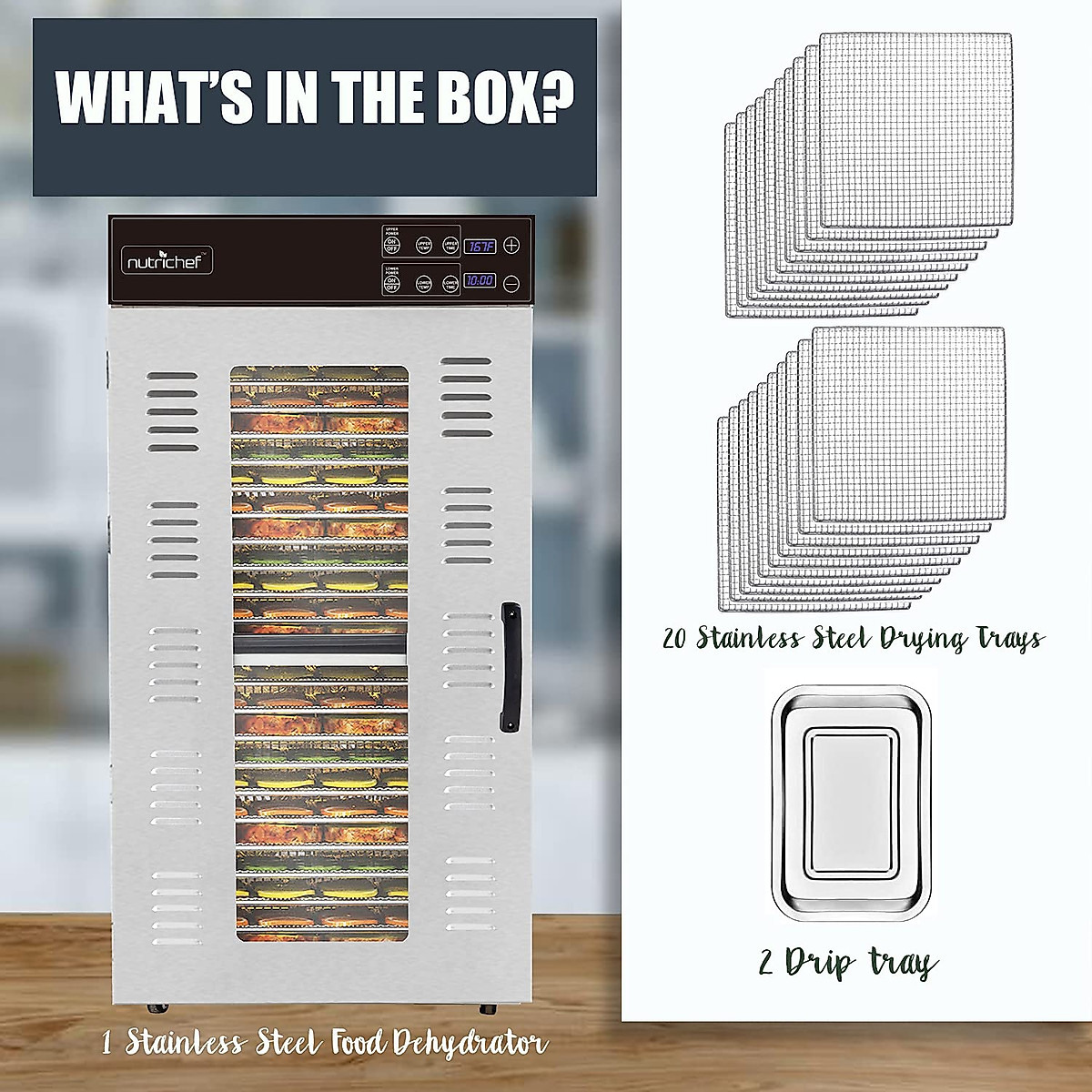 NutriChef Commercial Electric Food Dehydrator Machine | 20 Shelf Extra Large Capacity - Stainless Steel Trays | 2000-Watts, Digital Timer & Temperature Control | 18.11'' x 15.75'' x 31.89'' IN