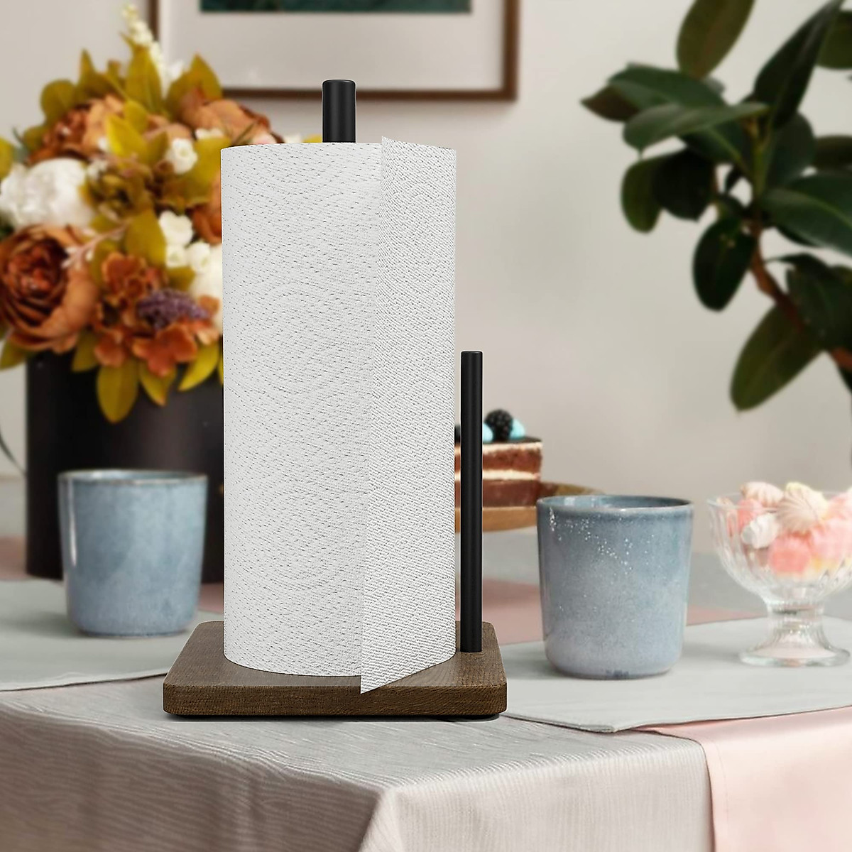 Black Paper Towel Holder Stand with Exquisite Wood Square Base, Niffgaff Free-Standing Paper Towel Roll Dispenser for Kitchen Countertop, Fits Standard and Jumbo Size Rolls