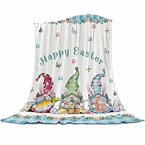 Easter Spring Throw Blanket 40x50inch, Happy Easter Flannel Fleece Blanket, Easter Gnomes Eggs Blanket for Sofa Couch, Decorative Warm Blankets for Living Room/Bedroom (Blue Buffalo Plaid, Vintage)