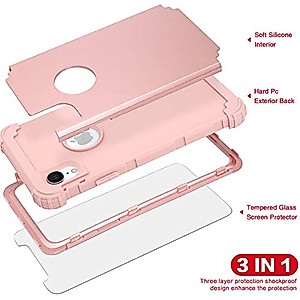 IDweel iPhone XR Case with Tempered Glass Screen Protector, iPhone XR Case for Women, 3 in 1 Shockproof Slim Hybrid Heavy Duty Hard PC Cover Soft Silicone Bumper Full Body Case, Rose Gold