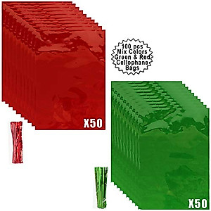 Cellophane Treat Bags 100 pcs Mix Holiday Colors (6 Inch x 9 Inch) | Colorful Cello Bags Christmas Colors with Twist Ties | 2.5 Mil Quality Green & Red Cellophane Treat Bags | Transparent 6x9 in Bags