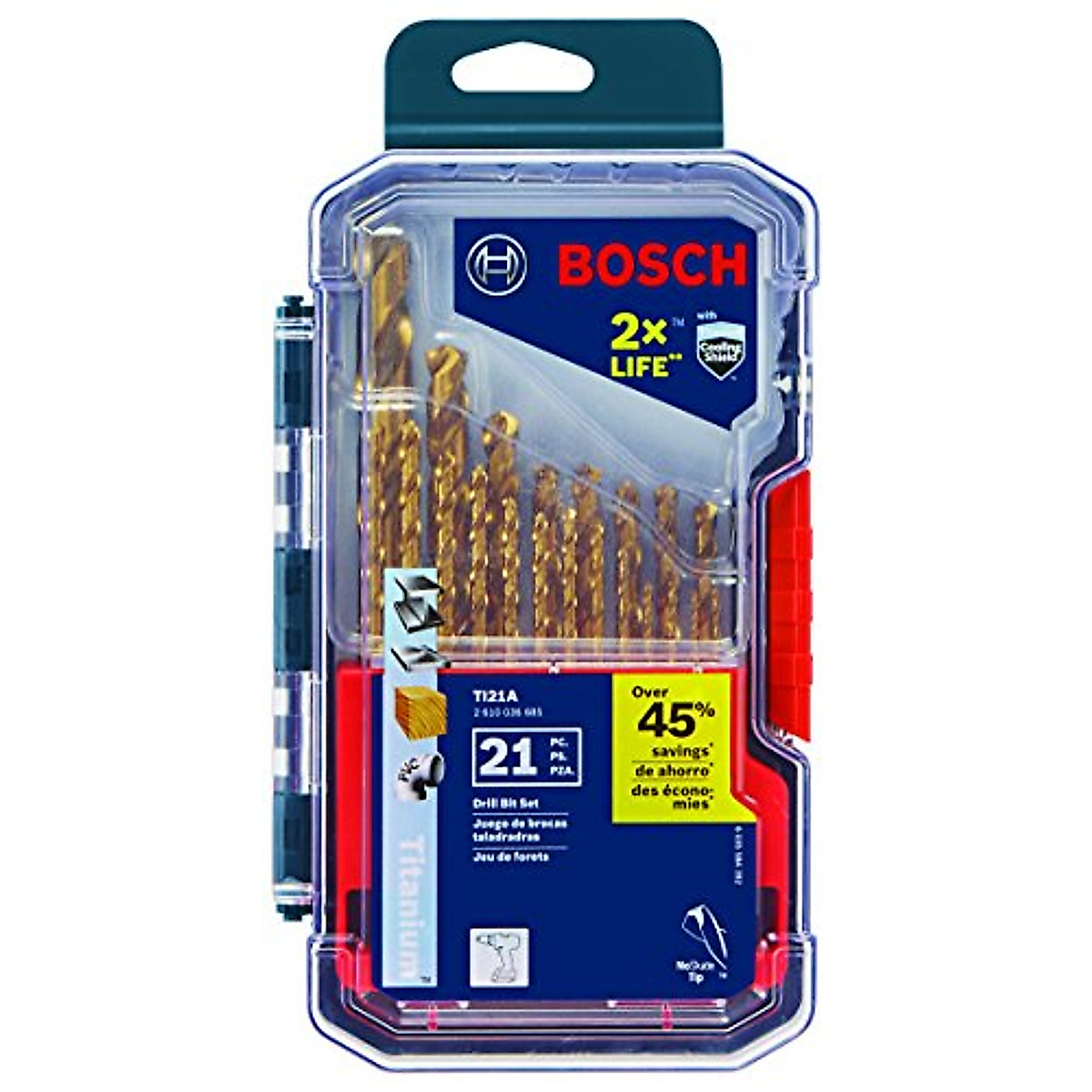 BOSCH TI21A 21-Piece Assorted Set Titanium Nitride Coated Metal Drill Bits with Included Case with Three-Flat Shank for Applications in Heavy-Gauge Carbon Steels, Light Gauge Metal, Hardwood