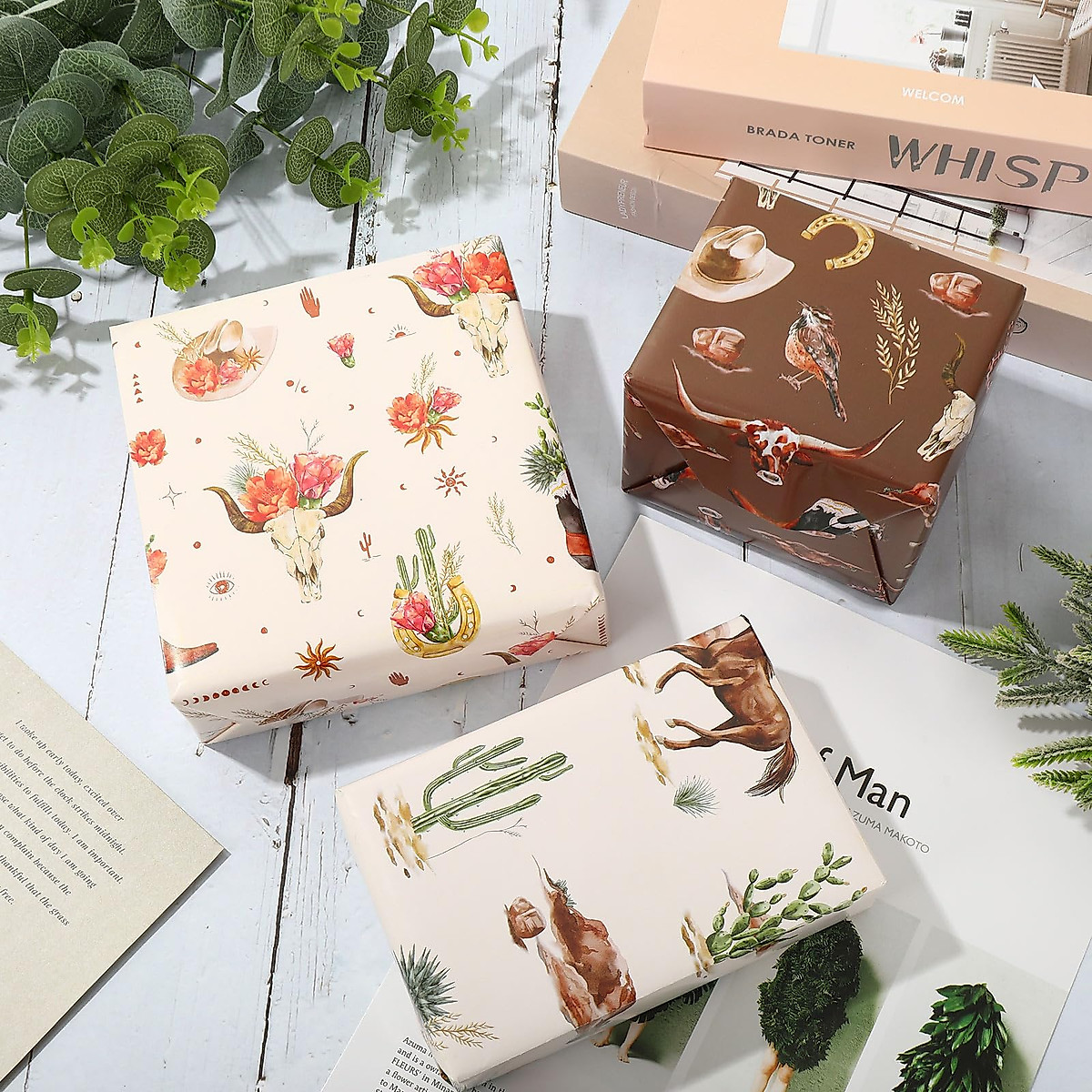 AnyDesign 12 Sheet Western Cowboy Wrapping Paper Wild West Horse Bull Cactus Gift Wrap Paper Bulk Folded Flat Funny Art Paper for Birthday Wedding Baby Shower DIY Crafts Gift Packing, 19.7 x 27.6 In