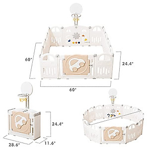 MERIT play Baby Playpen, Free-Installation Toddler Foldable Playpen with Basketball Hoop and Drawing Board for Kids, Adjustable Shape Safety Indoor Outdoor Portable Sturdy Play Yard(14 Panels)…