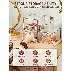 Syntus 3 Piece Set Stackable Makeup Organizer Drawers, 4.4'' Tall Bathroom Storage Drawer, Large Capacity Plastic Cosmetics Storage Box for Vanity, Kitchen Cabinets, Pantry Organization