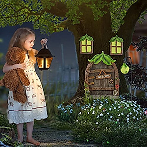 Fairy Door and Windows for Trees - Leaf Garden Gnomes Outdoor Decorations Kit, Yard Art Glow in The Dark, Miniature Fairy Garden Accessories Outdoor with Fairy Lantern