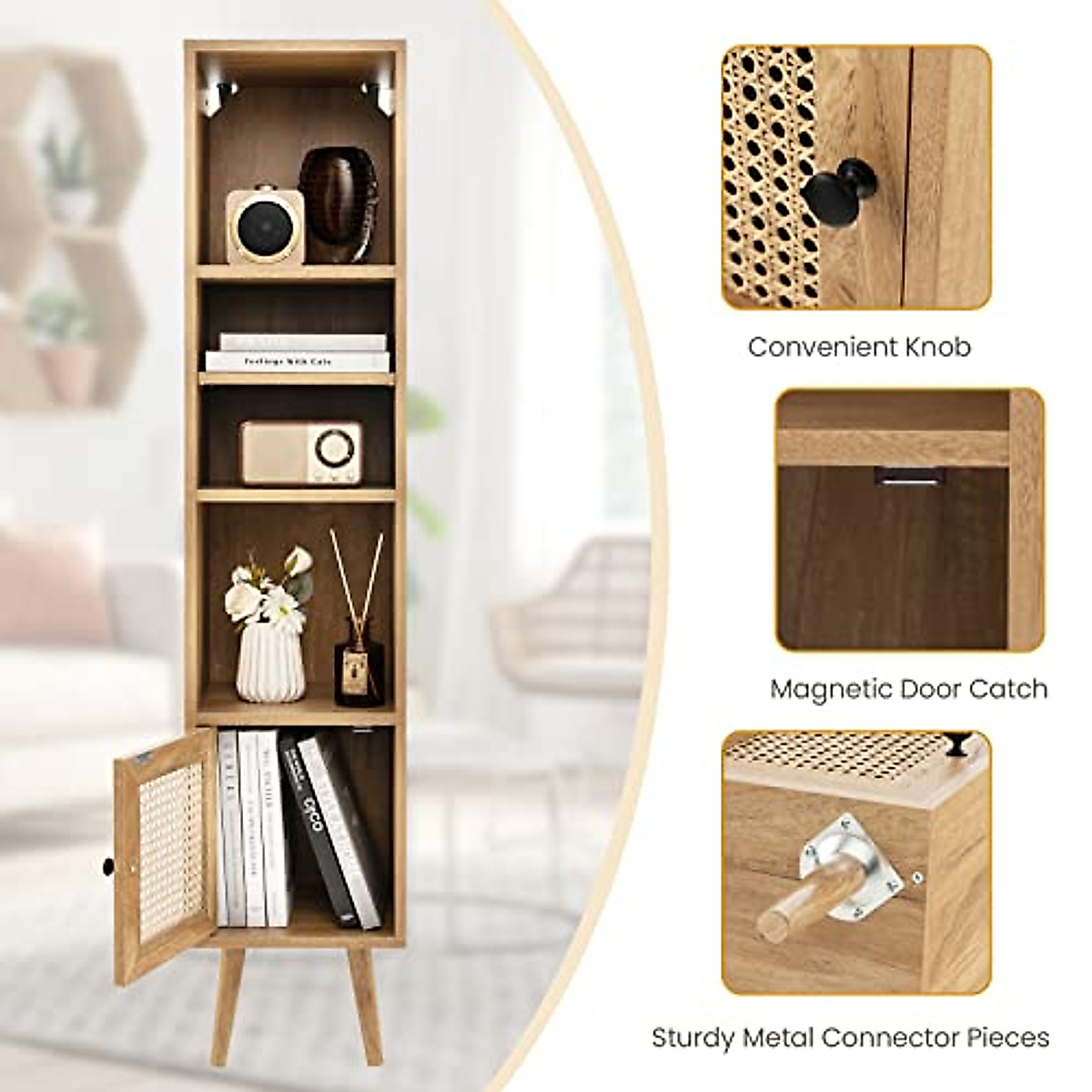 Giantex 54" Tall 4-Tier Bookcase with Door, Freestanding Slim Narrow Book Cabinet with Adjustable Shelf, Vertical Bookshelf with Leg, Open Shelving Display Rack, Boho Wooden 4-Cube Storage Organizer