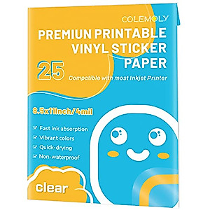Sticker Paper Clear Printable Vinyl for Inkjet Printer-25 Transparent Dry-Quick Sheets of 8.5’’x11’’ Decals and Labels Self-Adhesive Non-Waterproof Papers Tear Resistance Bright Color for DIY