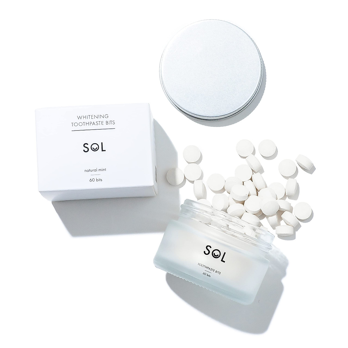 Sol Teeth Whitening Eco Friendly Toothpaste Tablets, Zero Waste Toothpaste Bits, Travel Friendly Reusable Glass Jar, Plastic Free, Vegan, Fluoride Free, Clean Fresh Breath, Mint Flavor Tabs, 60 Tablet