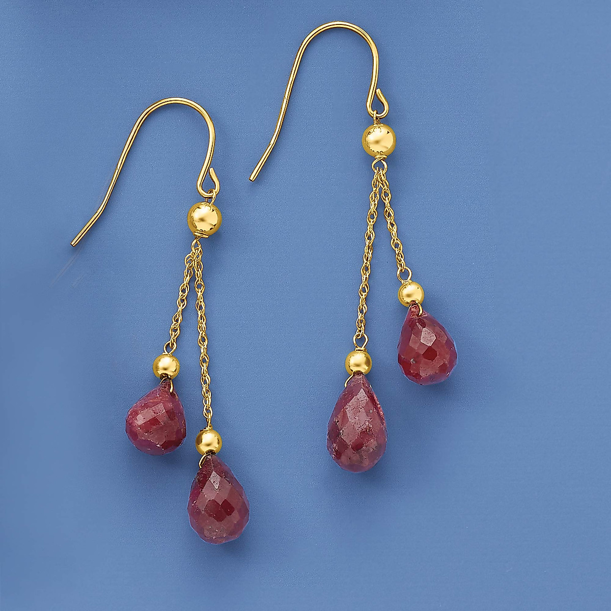 Ross-Simons 15.00 ct. t.w. Ruby and Bead Double Drop Earrings in 14kt Yellow Gold