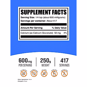 BulkSupplements.com Calcium Gluconate Powder - Calcium Supplement - Calcium Powder - Calcium Bone Supplement - Gluconate Calcium - Calcium Without Vitamin D (250 Grams - 8.8 oz)