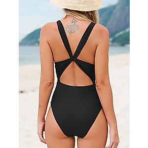 CUPSHE Women One Piece Swimsuit Deep V Neck Tummy Control Ruched V Back Classic Bathing Suits S Black