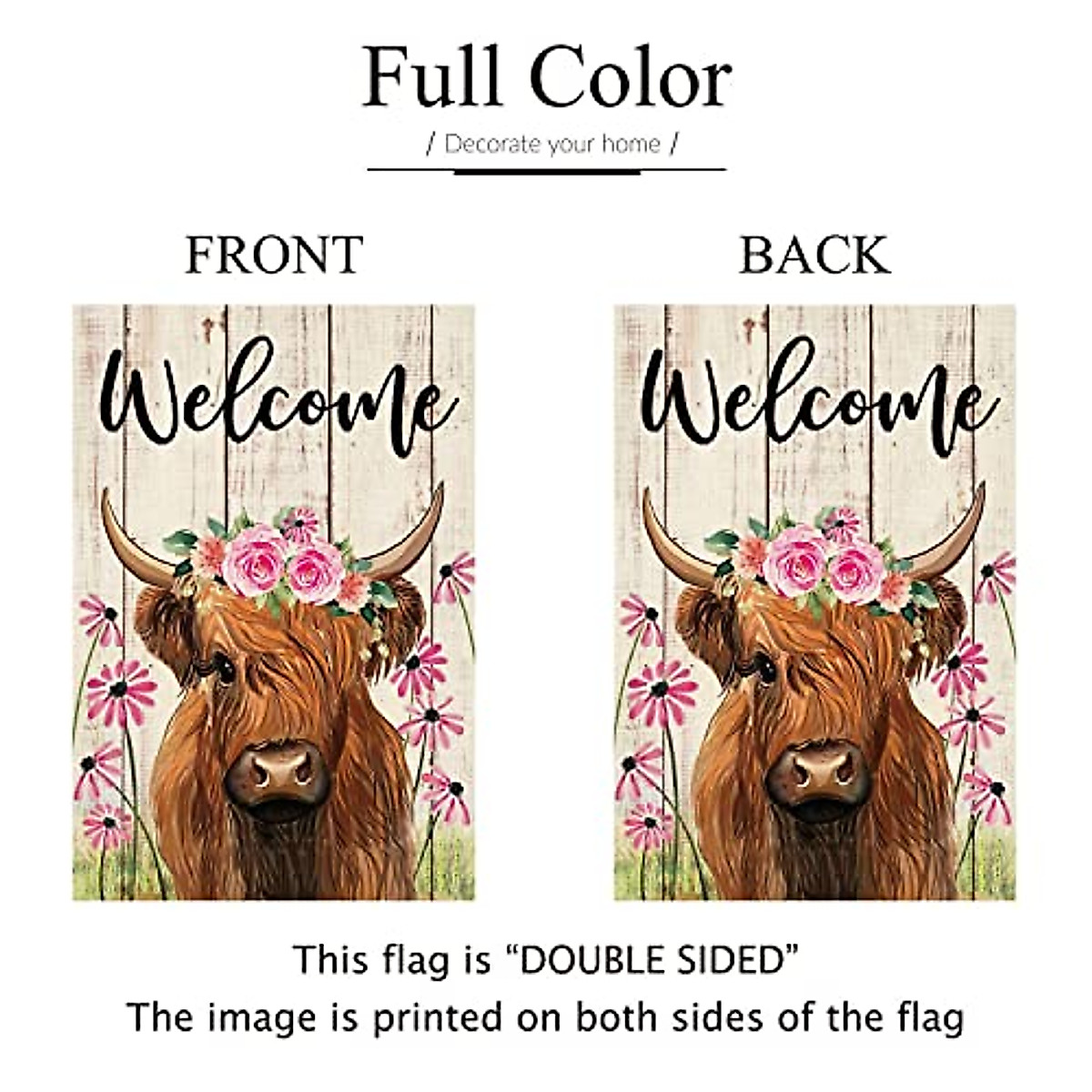 ORTIGIA Welcome Spring Highland Cow Garden Flag Burlap Double Sided Vertical 12x18 Inch Farmhouse Floral Cow Yard Decor Spring Summer Daisy Flowers Porch Flag Rustic Seasonal Outdoor Flag