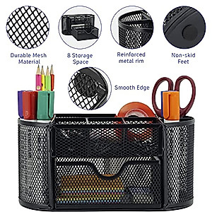 Neudeco Desk Organizers Mesh Desktop Office Supplies Multi-functional Caddy Pen Holder Stationery with 8 Compartments and 1 Drawer + Stapler with 1000 Staples Combo for Office Home School Black