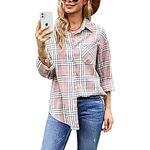 Lumister Oversized Flannel Shirt Women Long Sleeve Plaid Button Down Buffalo Shirt Blouse Tops with One Pocket(0405-Pink-L)