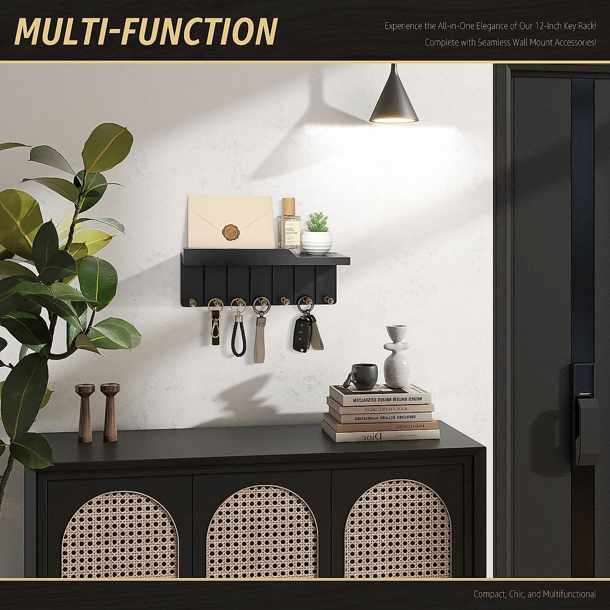 Rebee Vision Decorative Key Holder Wall Mount - Modern Key and Mail Holder for Wall with Shelf Organizer and 7 Sturdy Key Hooks for Apartment Essentials - Aesthetic Home Decor (Stylish Black)