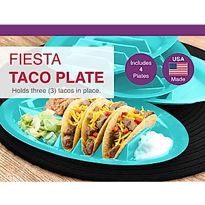 Arrow Home Products Fiesta Taco Plate, 4 Pack - Each Plate Includes 3 Taco Holders Plus 2 Compartments - BPA Free Plastic, Made in the USA, Dishwasher Safe - Teal Blue
