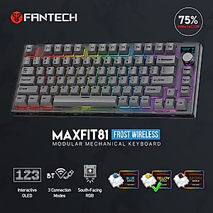 FANTECH MAXFIT81 Mechanical Keyboard PBT Keycaps RGB 75% Gaming Keyboard with Customizable OLED Display & Knob, Hot Swappable Modular Sound Proofing Base, Gateron Yellow Switch, Black