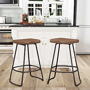 Awonde 26" Swivel Bar Stools Set of 2 Industrial Metal Counter Height Stools with Wood Top Matte Black