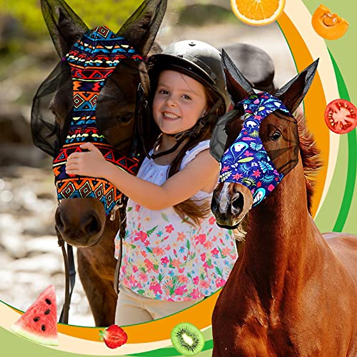 2 Pieces Horse Fly Mask Horse Mask with Ears Smooth and Elasticity Fly Mask with UV Protection (Tribal Grid Patterns, L)