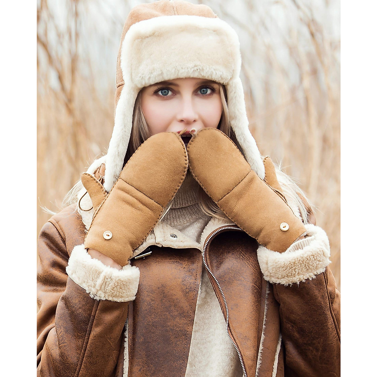 YISEVEN Women's Merino Sheepskin Leather Gloves Flip Fingerless Mitten