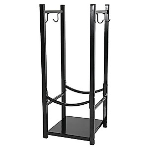 Sunnydaze Firewood Log Rack with Tool Holder Hooks - Indoor/Outdoor Durable Powder-Coated Steel Space-Saving Design - Black