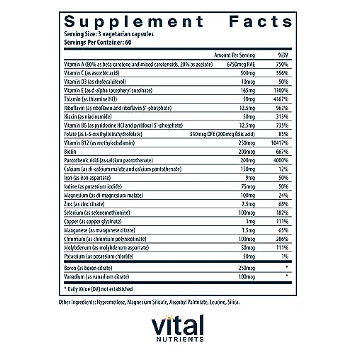Vital Nutrients - Multi-Nutrients with Iron and Iodine - Comprehensive Multi-Vitamin/Mineral Formula Containing Iron and Iodine - 180 Vegetarian Capsules per Bottle