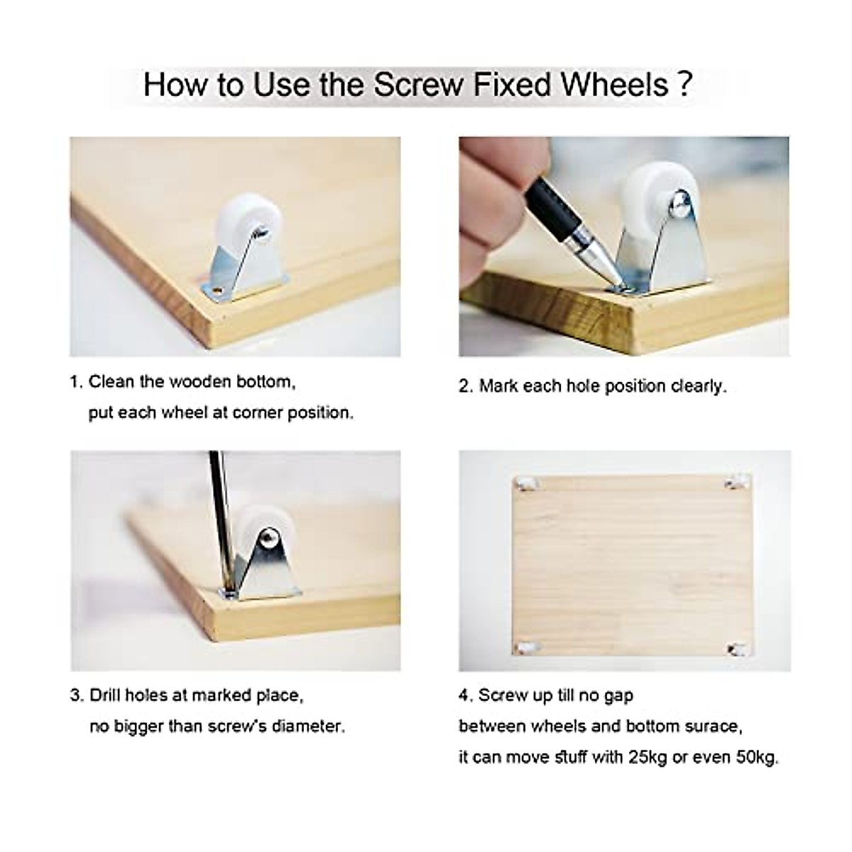 Dalyndar 16 Pack 1'' Caster Wheels Non Swivel Casters Self Adhesive or Screws Add On Light Weight Furniture Small Appliance, Silver Plate White Roller