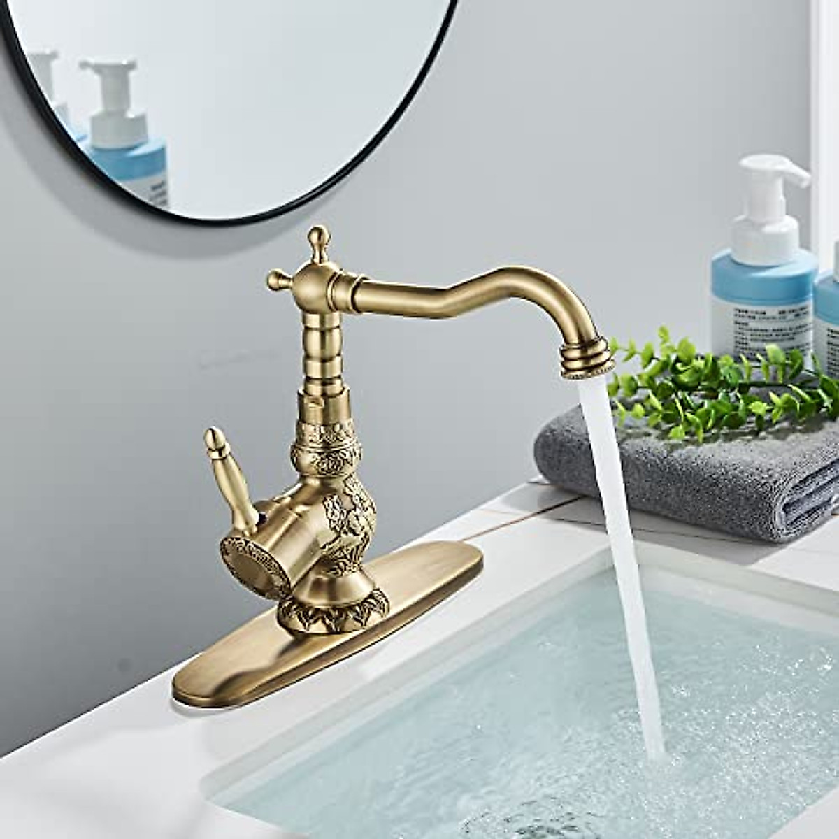 Senlesen Antique Brass Swivel Spout Bathroom Faucet Vanity Sink Mixer Tap and Pop Up Drain with Overflow