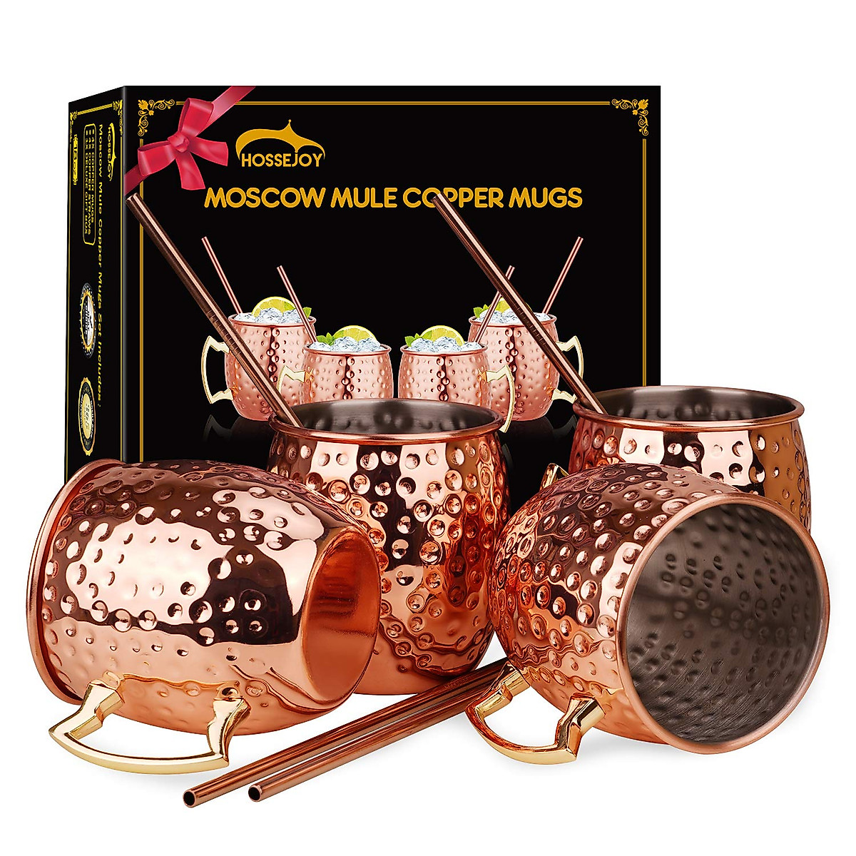 Hossejoy Moscow Mule Copper Mugs - Set of 4-100% Handcrafted Solid Copper Mugs, 16 oz Copper Cups with 4 Cocktail Copper Straws
