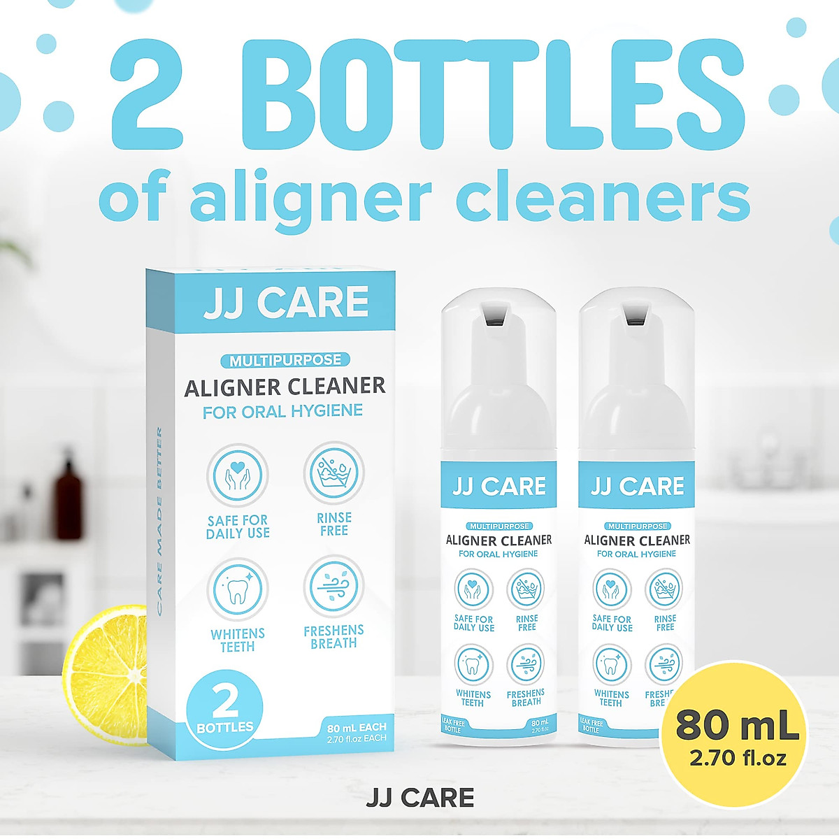 JJ CARE Aligner Cleaner - Pack of 2, 80ml Invisalign Cleaner, Lemon-Flavored Clear Retainer and Aligner Cleaner and Whitener, Kills Bacteria, Whitens Teeth & Fights Bad Breath