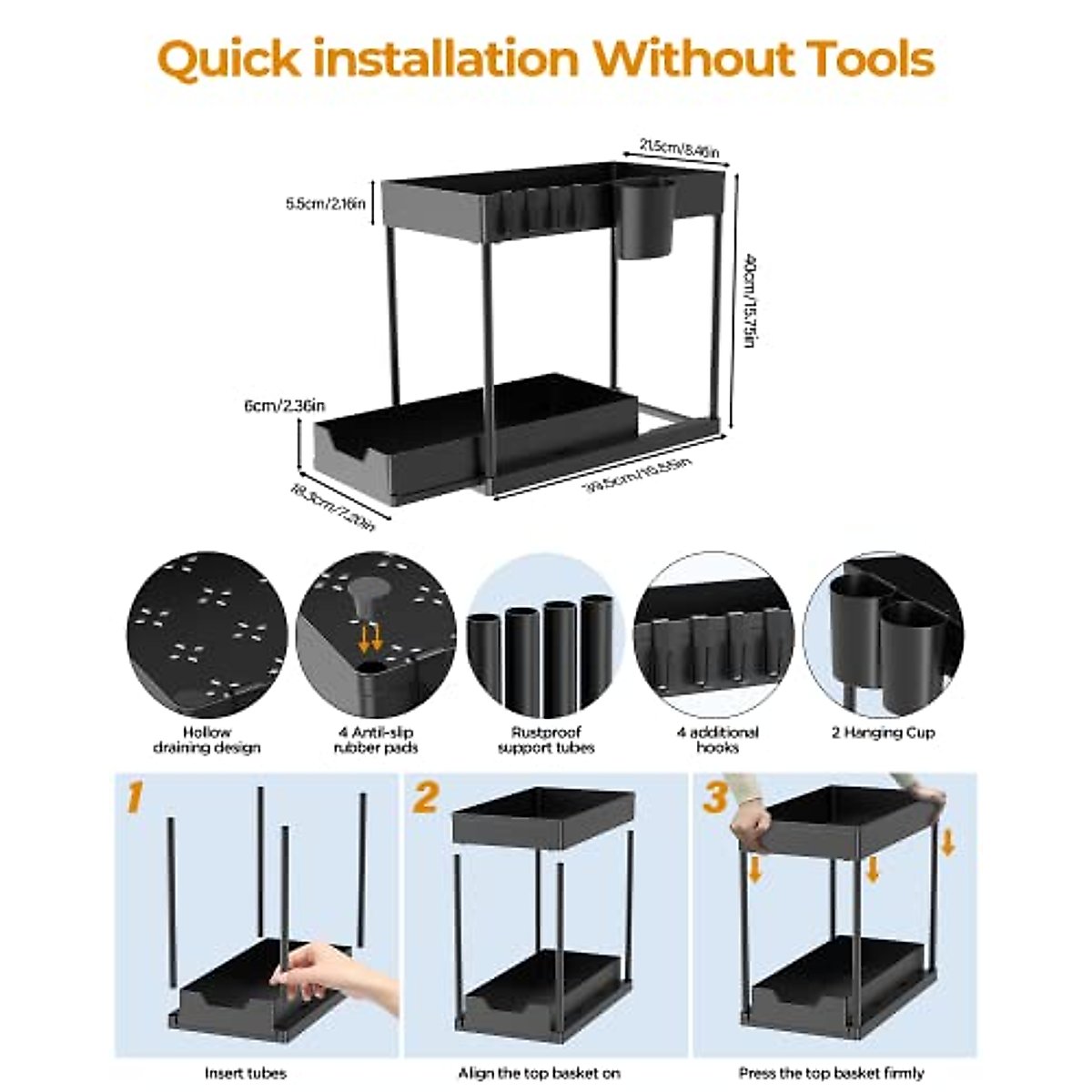 Stackable Under Sink Organizers and Storage - DILEASIR Upgraded 12in Heightened Sticks 2 Tier Under Sink Organizer with 4 Hanging Cups, 8 Dust Plugs, 8 Hooks, Multi-function Storage, Black, 2 Pack