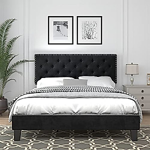 Catrimown Full Size Bed Frame with Adjustable Headboard, Velvet Upholstered Platform Bed Frame, Wooden Slat Support, Mattress Foundation, No Box Spring Needed, Easy Assembly, Black
