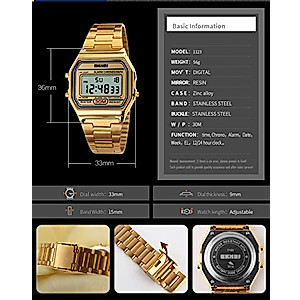 PASOY Men's Digital Gold Stainless Steel Watch Backlit Multifunction Stopwatch Waterproof Sport Watches Reloj (Gold)