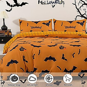 Xruibed Halloween Duvet Cover Set Twin - Pumpkin Bat Orange Bedding With Pillowcase, Horror Comforter Cover for Kids Teens, 2 Pieces, 68"x 86"