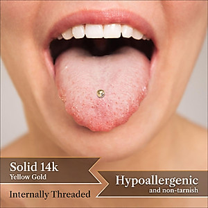 JewelryWeb - Solid 14k Gold 14G Cubic Zirconia 5mm Ball Straight Barbell Internally Threaded Tongue Ring - Tongue Piercing Jewelry for Men and Women - Hypoallergenic Body Jewelry