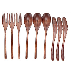 9Pcs Wooden Knife Fork Spoon Wooden Dinner Utensil Set Kitchen Dinnerware Portable Utensils for Parties Weddings Barbeques and Other Special Occasions