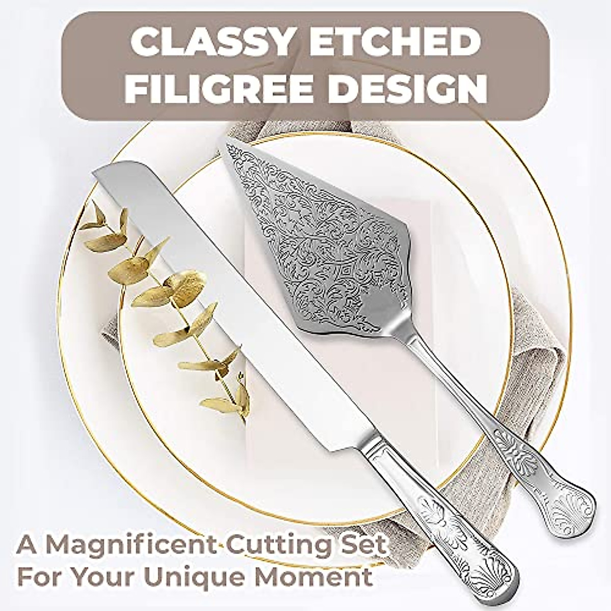 Orblue Wedding Cake Knife and Server Set - Premium, Beautifully Engraved Cutting Set - Elegant Keepsake for Newlyweds Silver