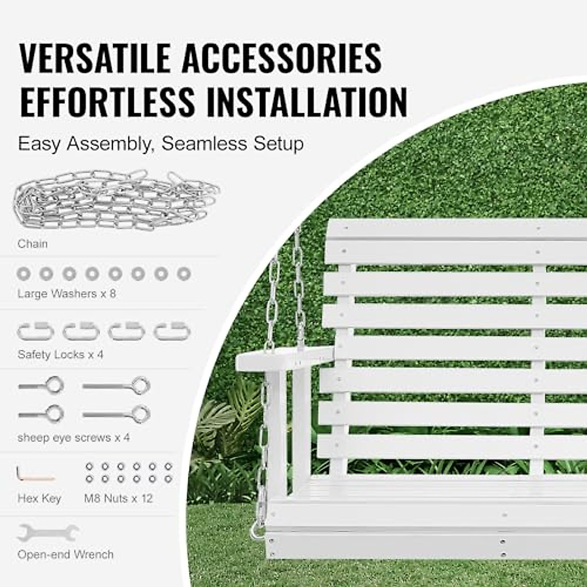 VEVOR Wooden Porch Swing 4.5 ft, Patio Bench Swing for Courtyard & Garden, Upgraded 880 lbs Strong Load Capacity, Heavy Duty Swing Chair Bench with Hanging Chains for Outdoors, White