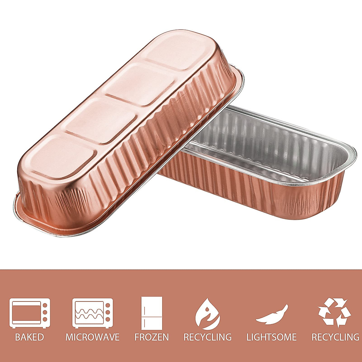 EUSOAR Disposable Aluminum Ramekins, 25pcs 6.8oz 6.5"x2.5"x1.2" Foil Baking Cups Pan with Lids，Rectangle Cupcake Containers Wrappers, Dessert Cheesecake Creme Brulee Ramekins Pan-Rose Gold