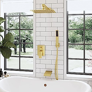 HomGoo Shower System with Tub Spout, Shower Faucet Set with 10-Inch Rain Shower Head, Handheld Shower head and Shower Faucet Trim valve, Wall Mounted Bathroom Shower Combo Set,Gold